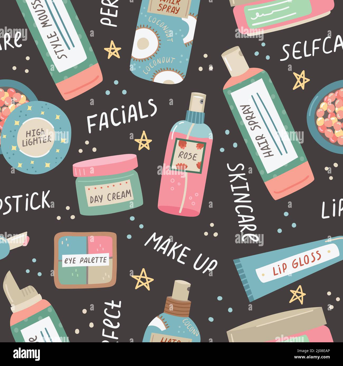 Vector seamless pattern with care and makeup products, hand drawn ...