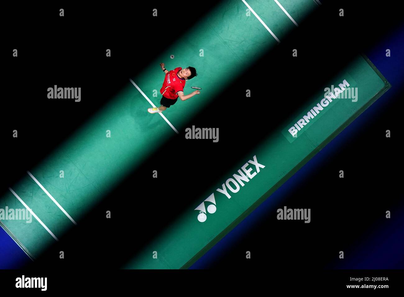 China's He Bing Jiao in action against Spain's Clara Azurmendi during day two of the YONEX All ...