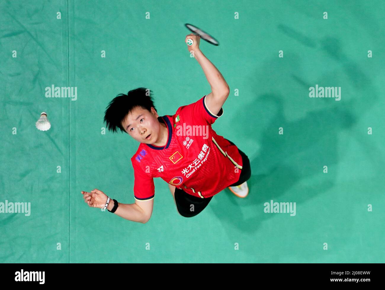 China's He Bing Jiao in action against Spain's Clara Azurmendi during day two of the YONEX All ...