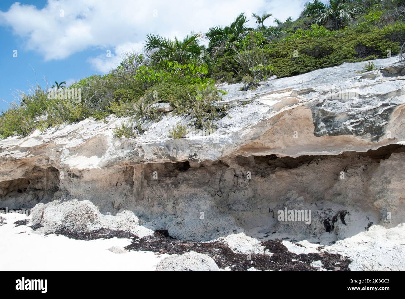 The eroded line of rocky landscape on Half Moon Cay island beach ...