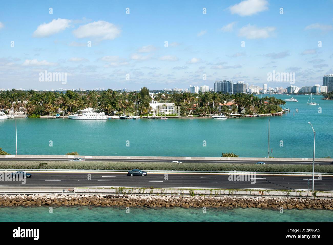 The aerial view of MacArthur Causeway and luxury residential district ...