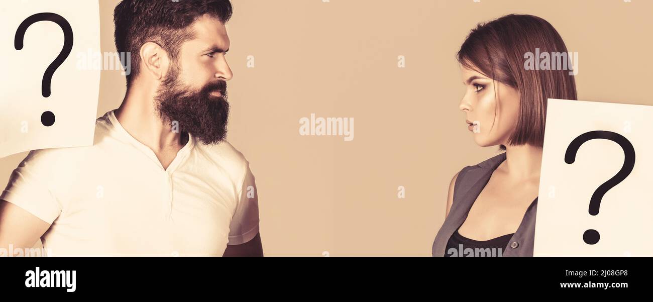 Confused couples with question marks. Conflict between two people ...