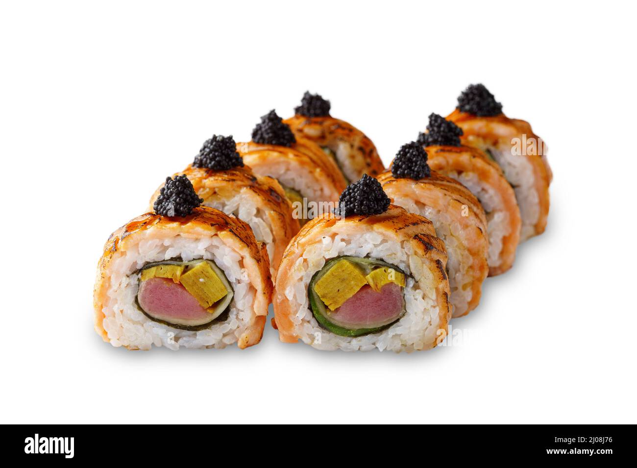 Sushi roll with tataki salmon, tuna, tobiko black caviar, scrambled ...