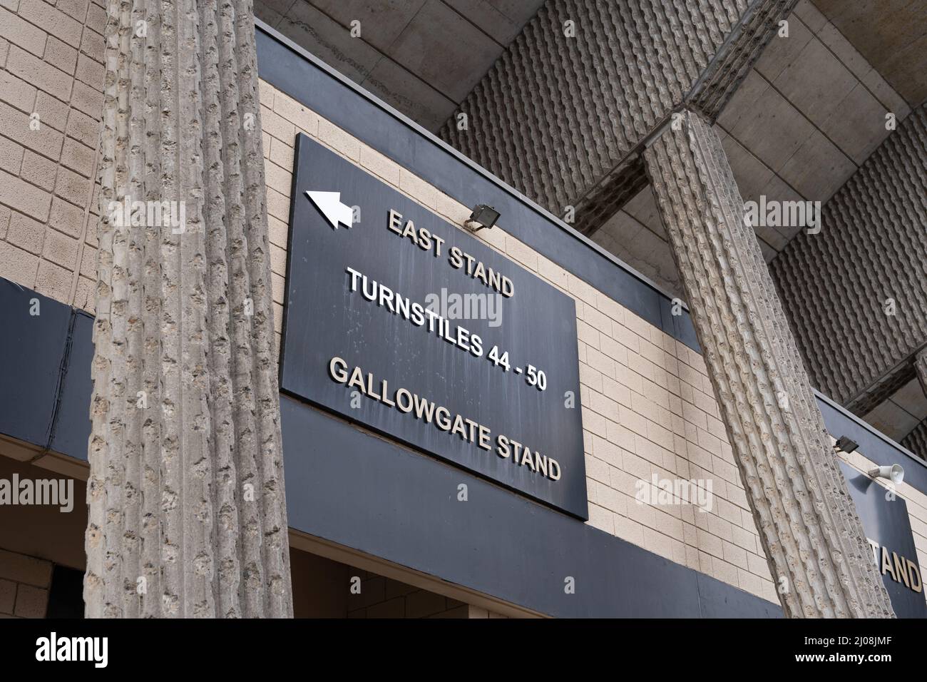 East Stand and Gallowgate Stand sign at St James' Park, home ground of ...