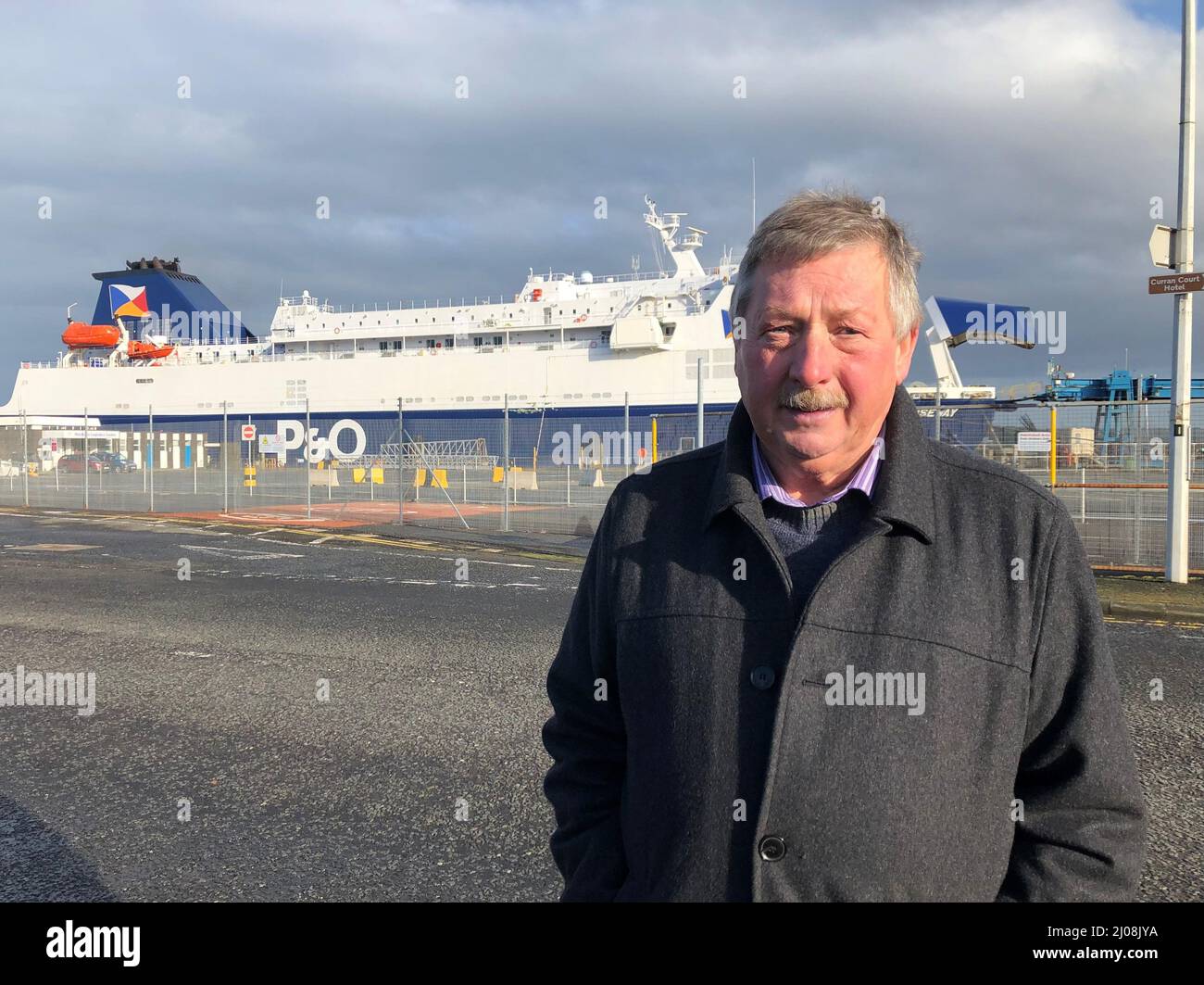 East Antrim MP Sammy Wilson in front of P&O European Causeway ferry ...