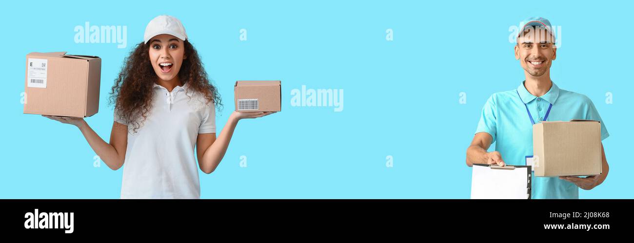 Female and make couriers with parcels on blue background with space for ...