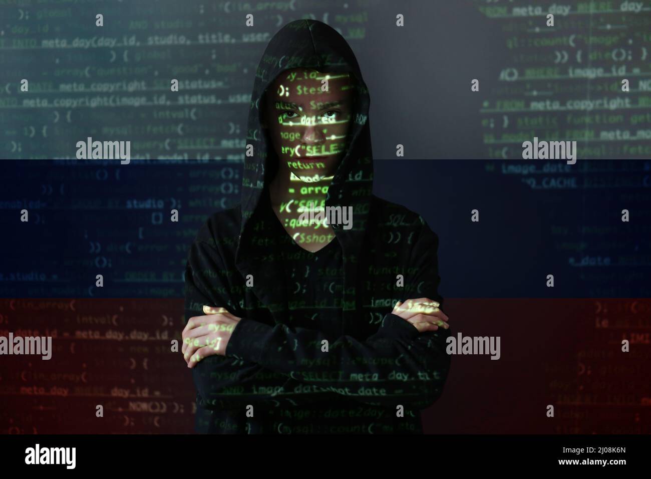Silhouette of Russian hacker on dark background Stock Photo - Alamy