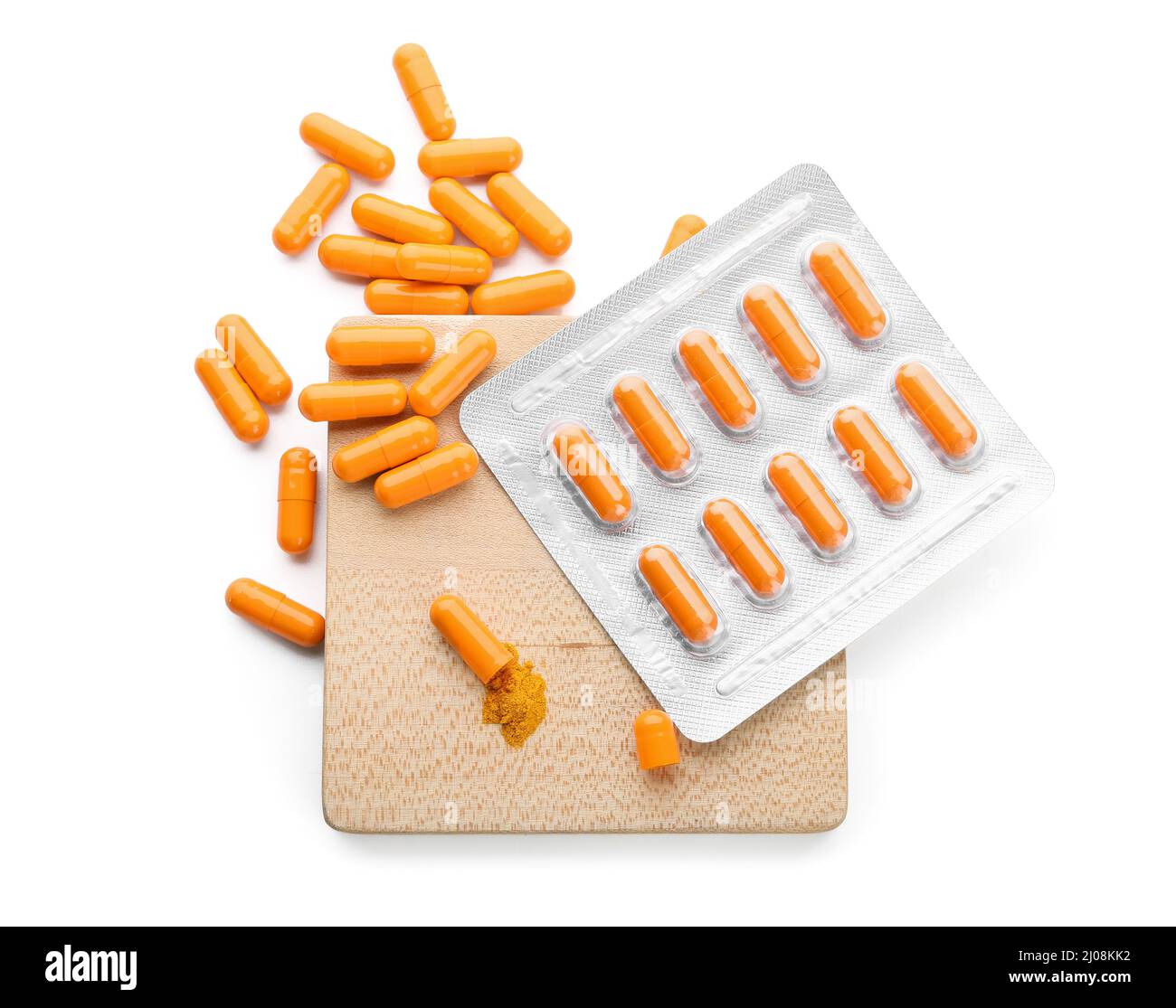 Blister pack with turmeric powder capsules on white background Stock ...