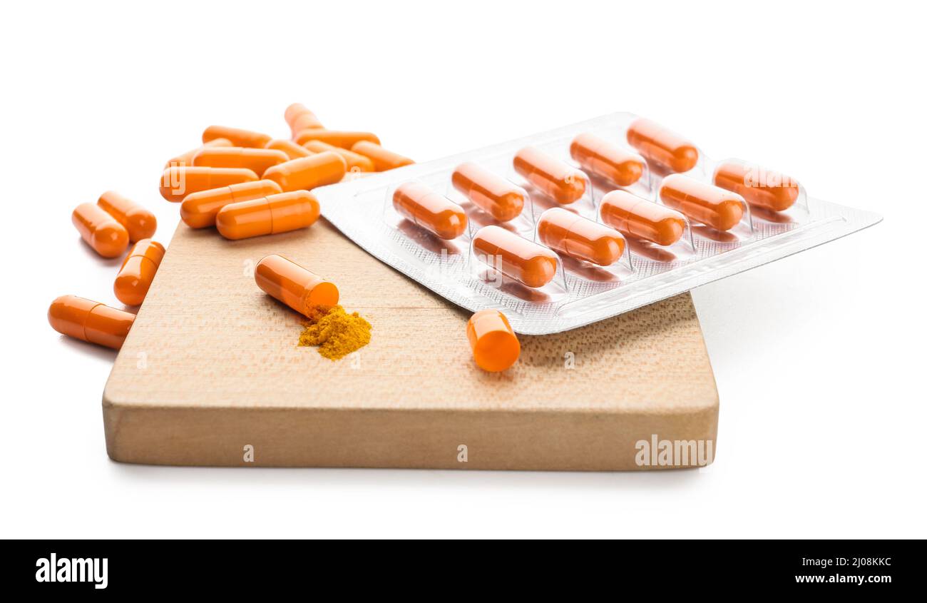 Blister pack with turmeric powder capsules on white background Stock ...