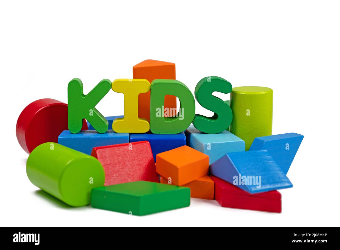 Wooden building blocks of different shapes and colors against a white ...