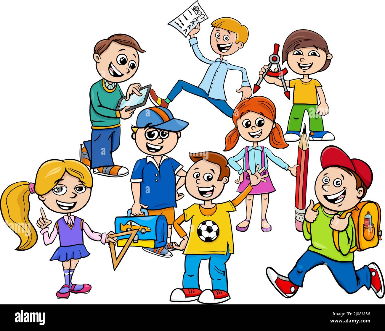 Cartoon illustration of elementary school students characters group ...