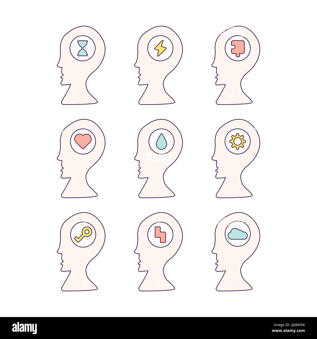 Head profiles with various emotions inside. Pensive, excited, puzzled ...