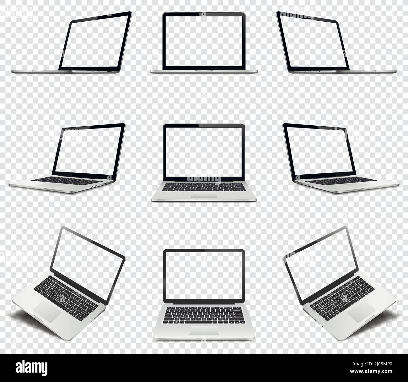 Collection laptops with transparent screen on transparent background ...