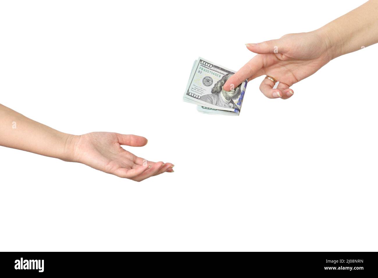 Hand handing over money to another hand isolated on white background ...