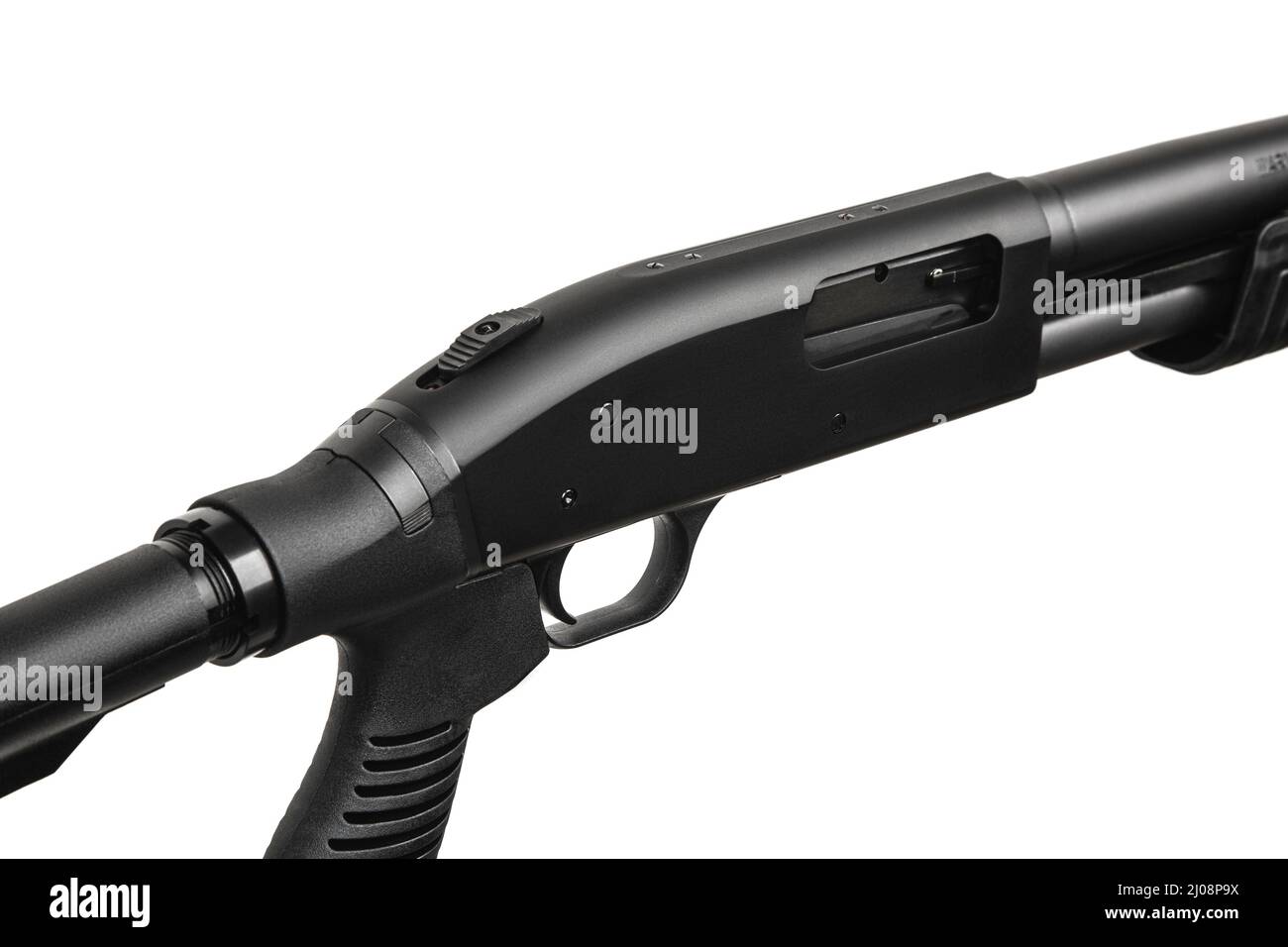 Pump-action 12 gauge shotgun isolated on a white background. Close-up ...