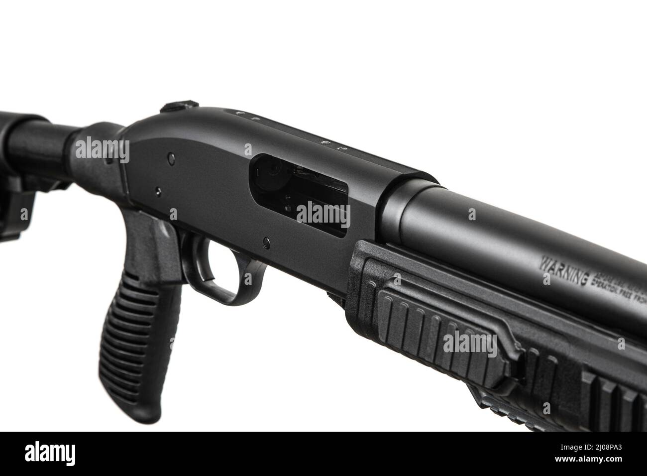 Pump-action 12 gauge shotgun isolated on a white background. Close-up ...