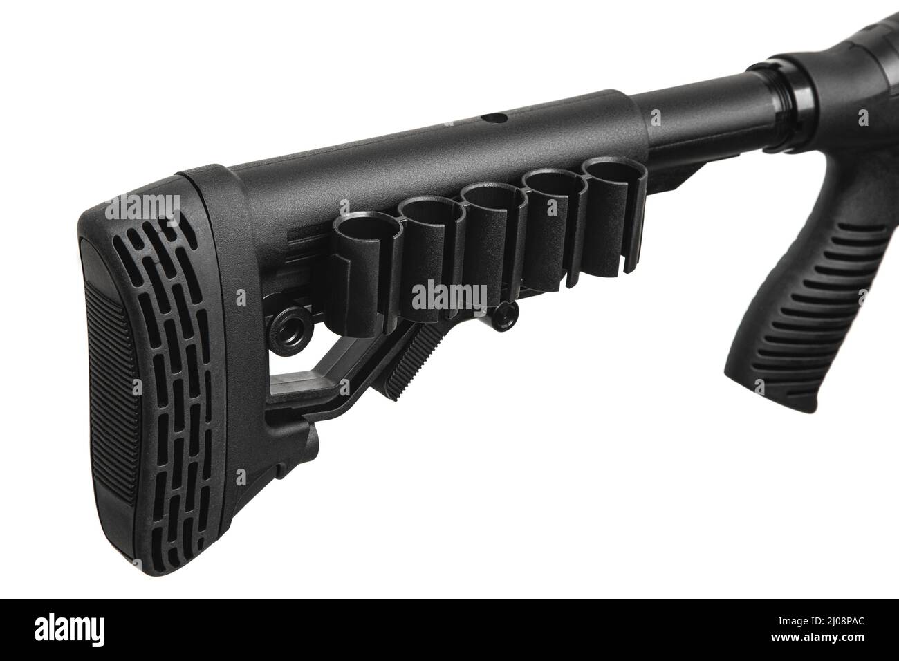 Pump-action 12 gauge shotgun isolated on a white background. Close-up ...