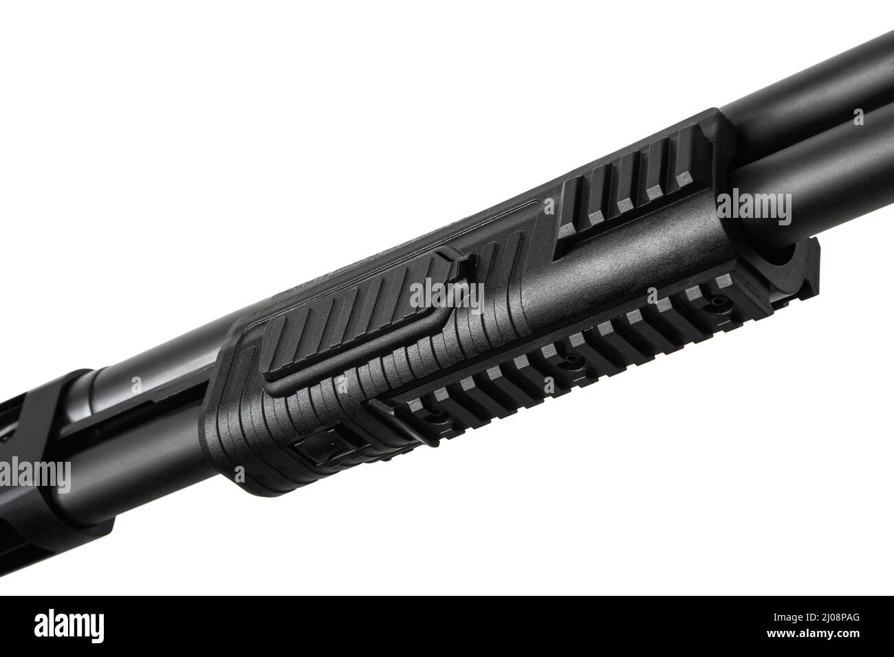 Pump-action 12 gauge shotgun isolated on a white background. Close-up ...