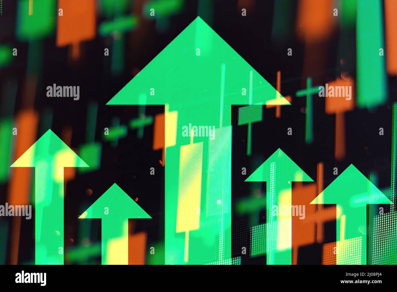 Increasing green arrows showing improvements in the economy or growth ...