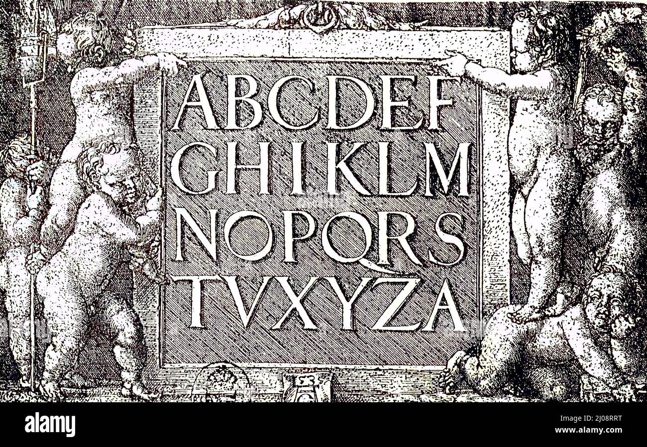 Alphabet table held by genii / Alphabet Tafel gehalten von Genien, 1535 ...