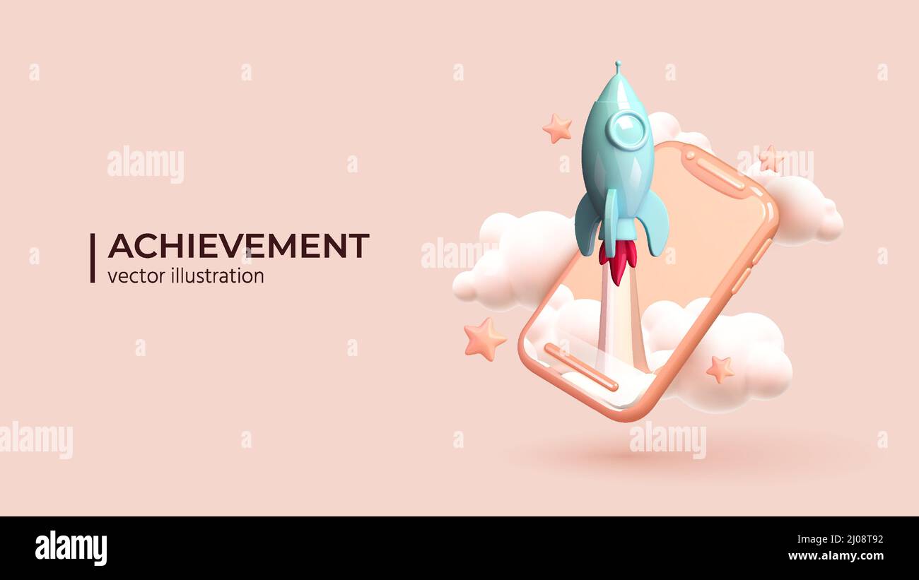 Rocket ship taking off from smartphone around the clouds and stars ...