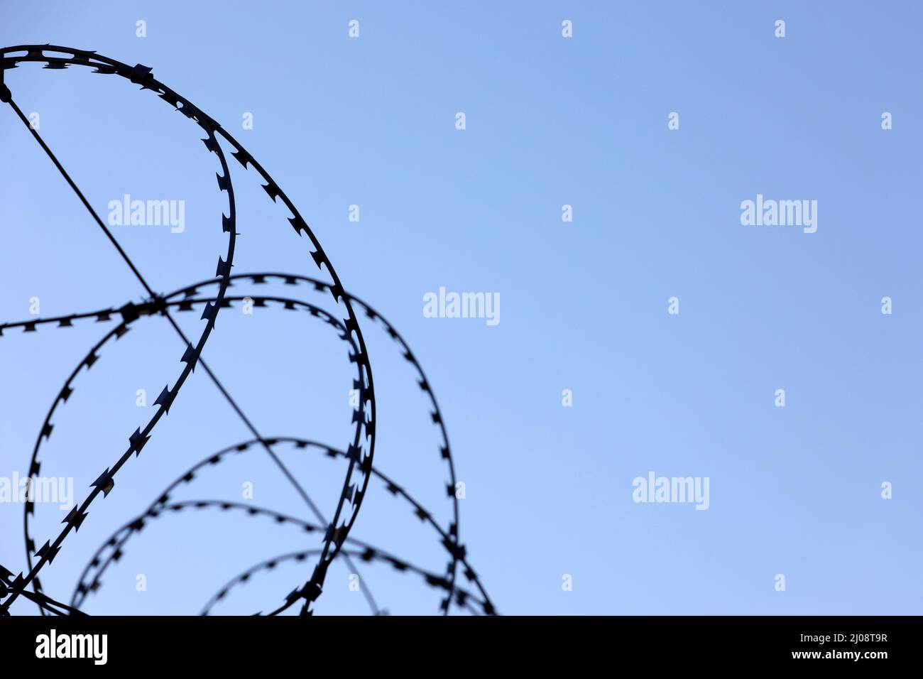 Barbed wire on blue sky background. Concept of boundary, prison, war or ...