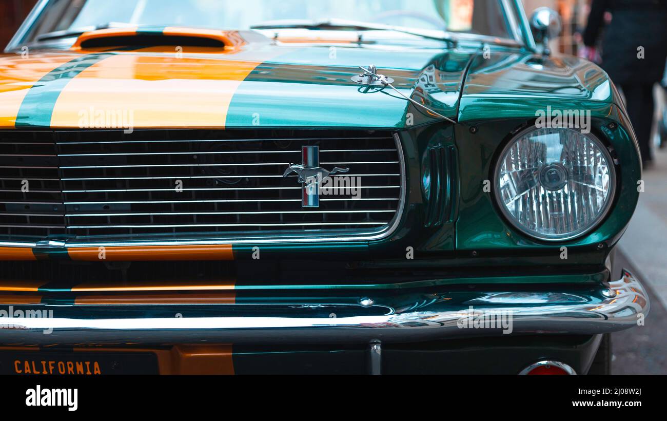 Closeup of a classic Ford Mustang in the city of London, United Kingdom ...