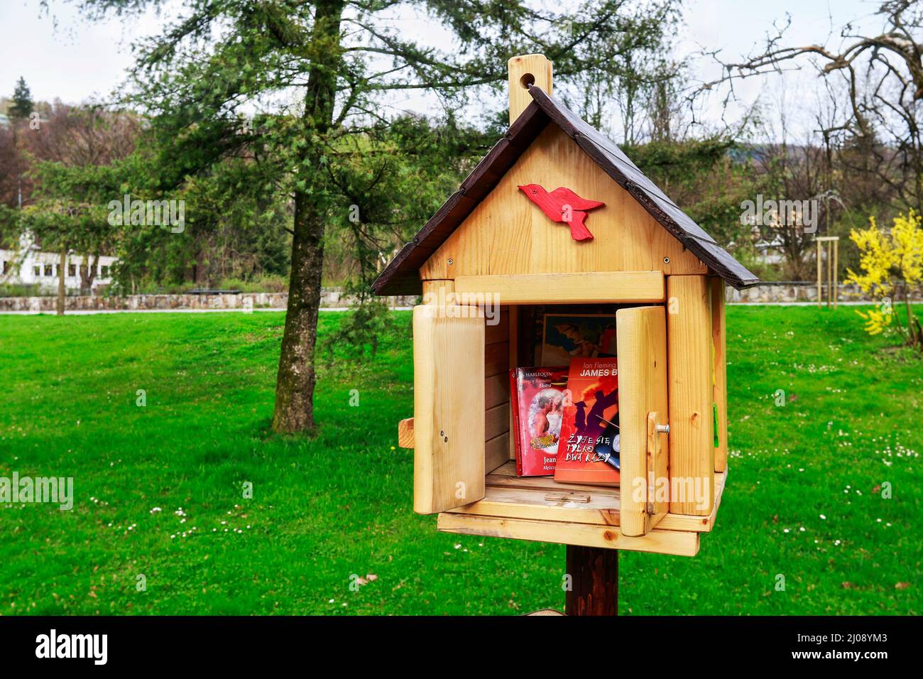 Outdoor library box made by local artists, Wisla, Poland Stock Photo ...