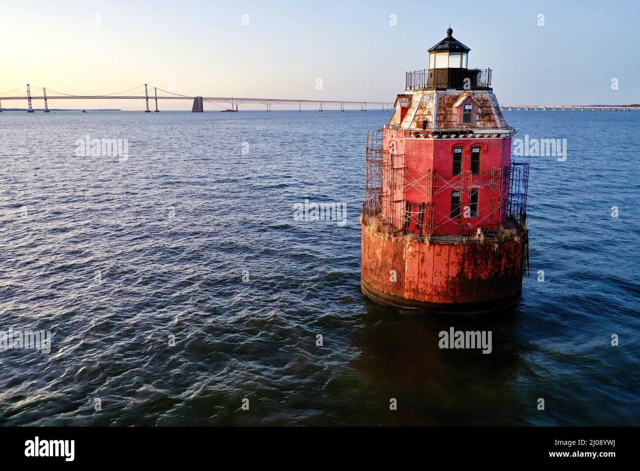 Closeup of Sandy Point Shoal Lighthouse on bridge background, Annapolis Stock Photo - Alamy
