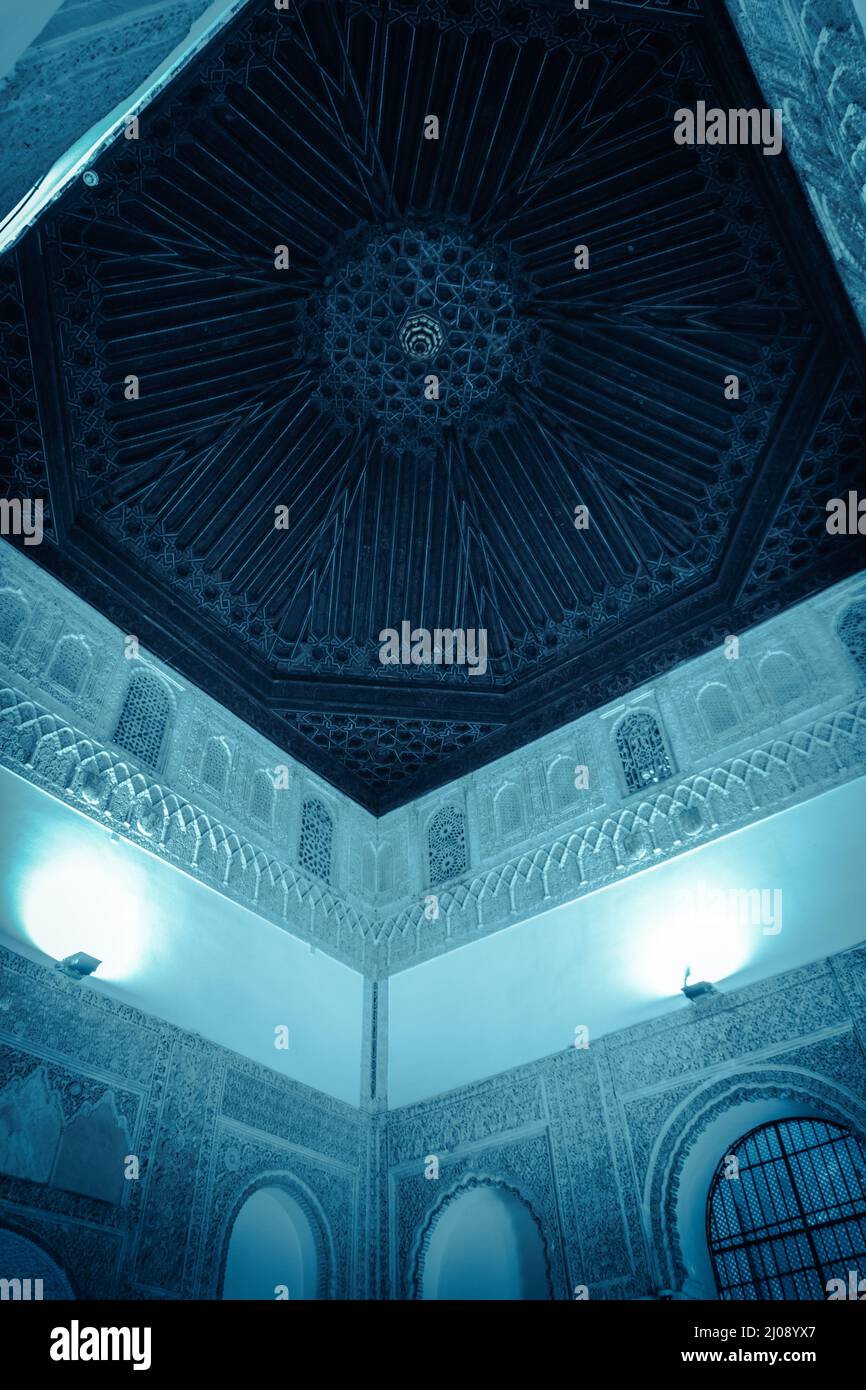 Low angle inside the Beautiful monument The Alcazar from Seville, Spain ...