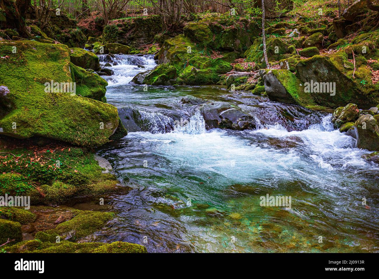 beautiful long exposure view of flowing water in the river with rocks ...