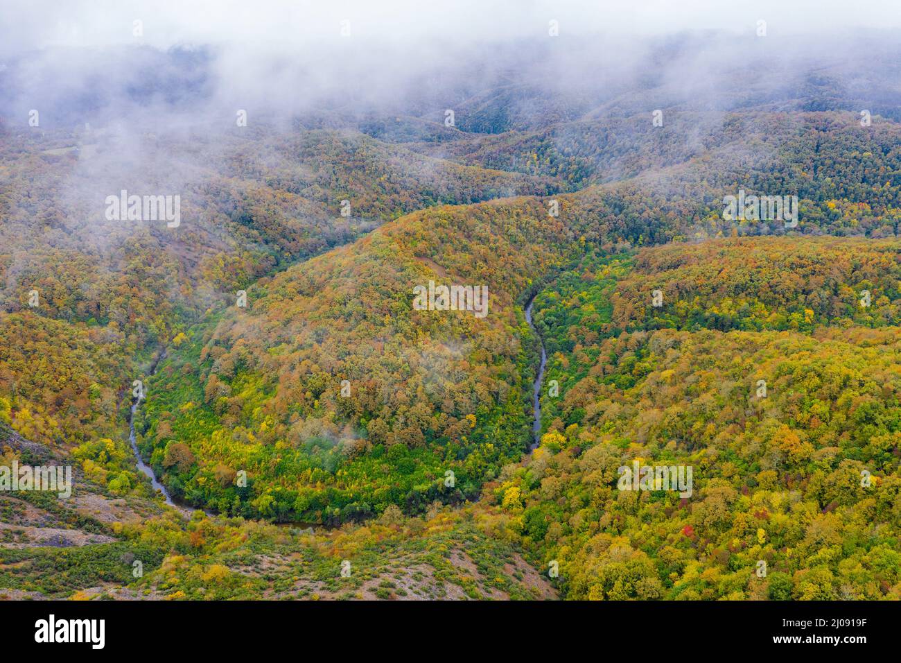From the clouds a big curve of river Veleka in Strandja mountain ...