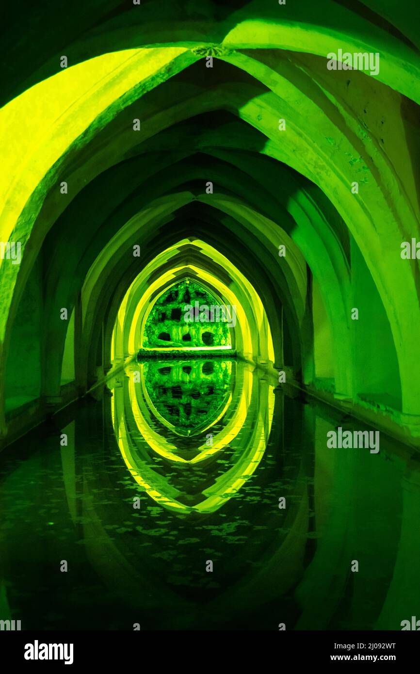 Shot of a water tunnel under ground with green light effect Stock Photo ...