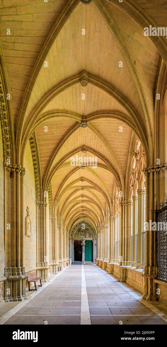 Pamplona, Spain - June 21 2021: Ornate gothic cloister arcade arches of ...