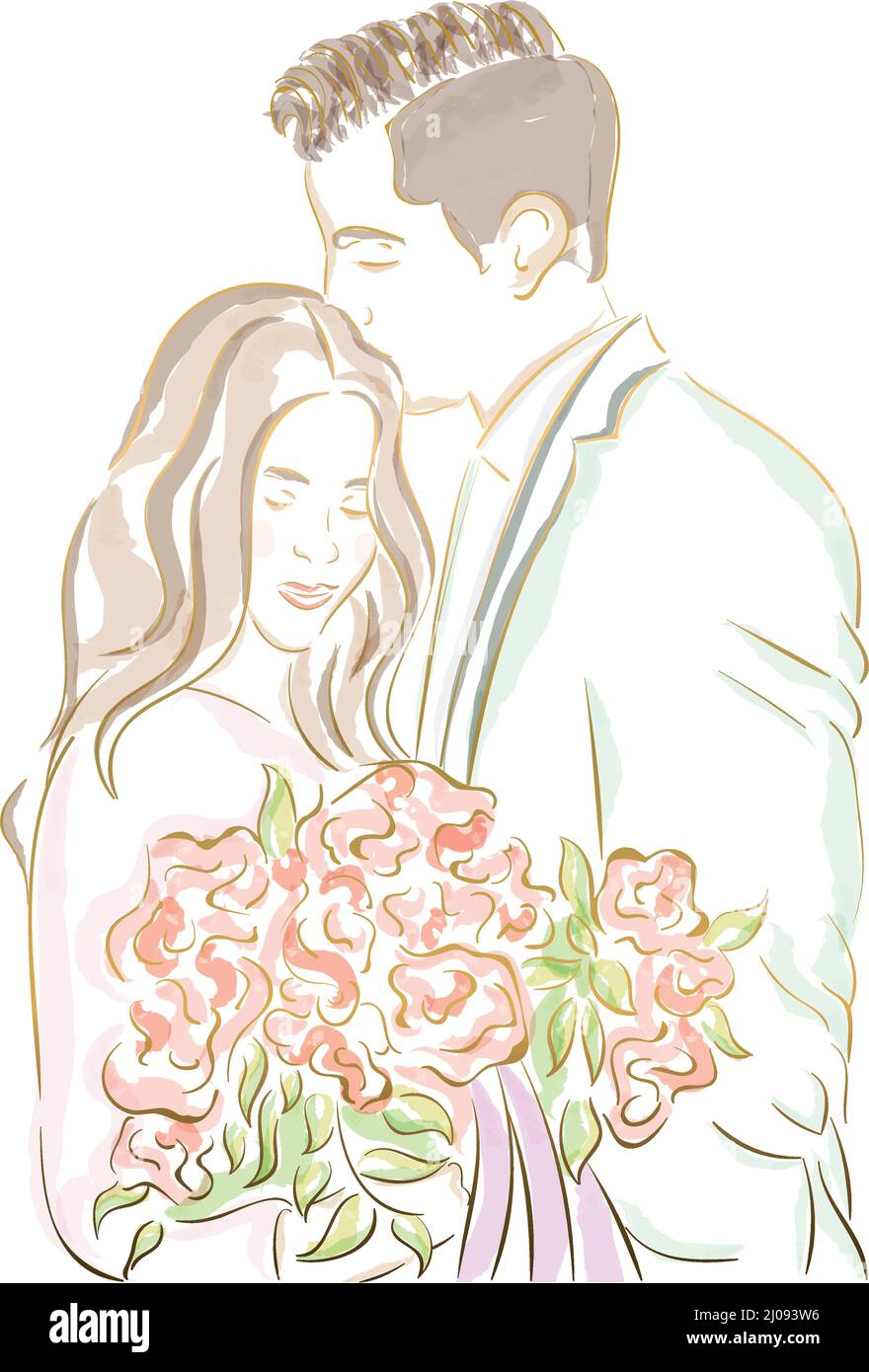 Happy married couple sketch holding flowers Vector Stock Vector Image ...