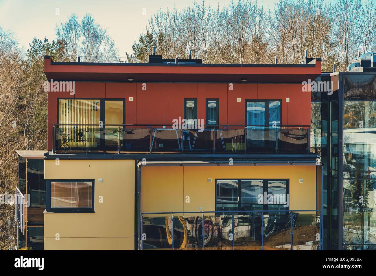 Balconies of the upper floors of a modern house. Penthouse Stock Photo ...