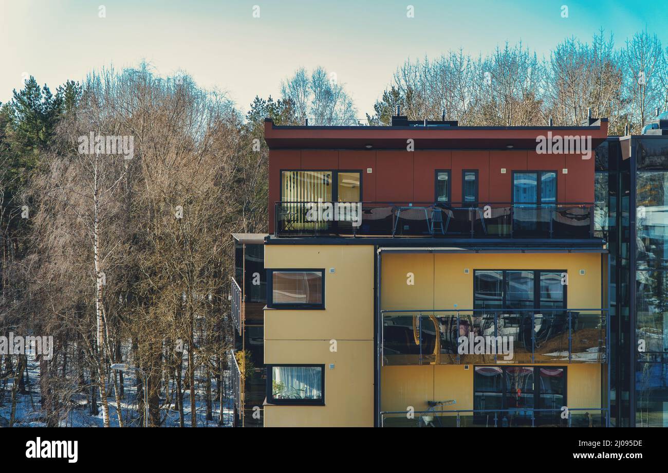 Balconies of the upper floors of a modern house. Penthouse Stock Photo ...