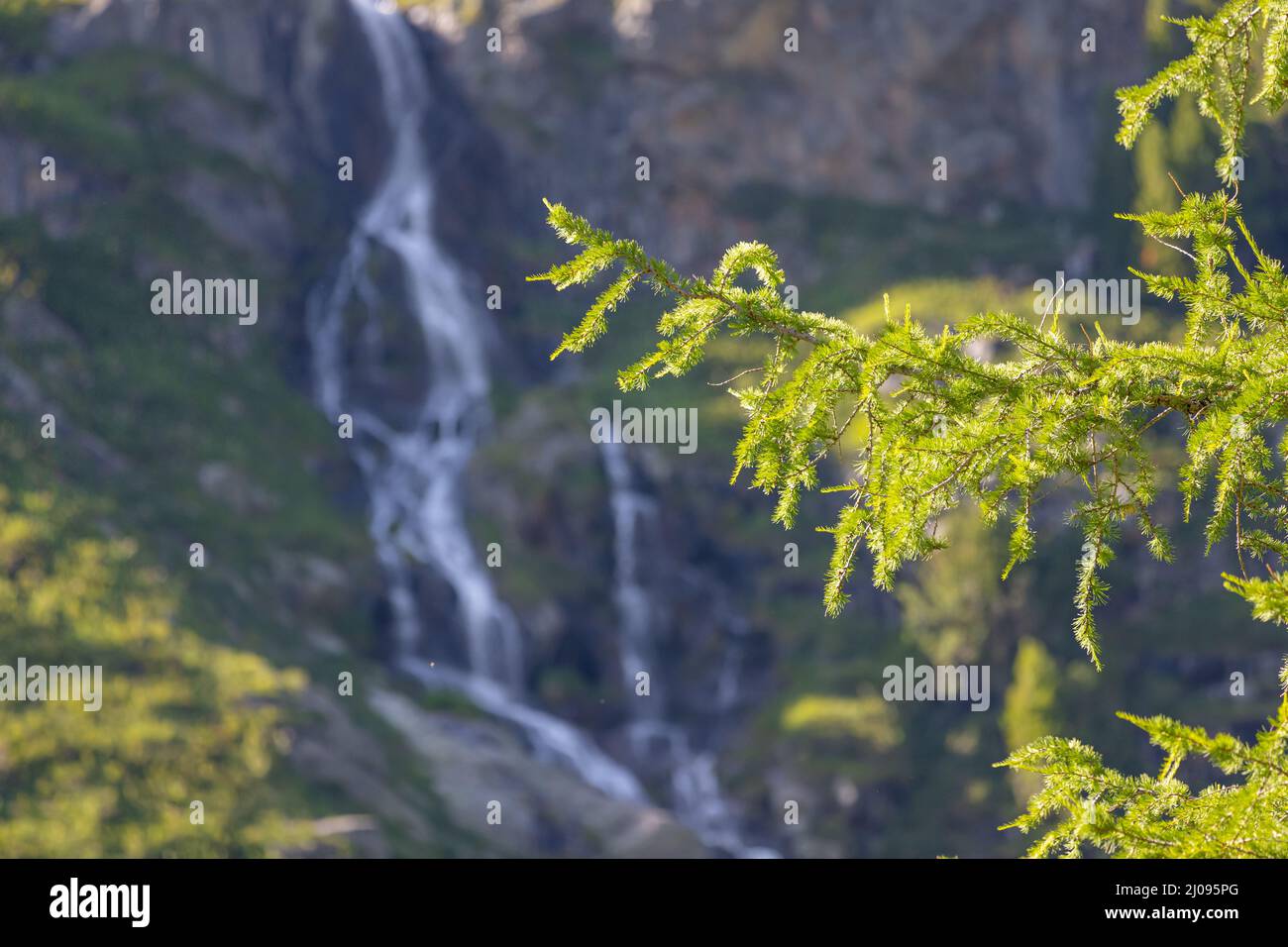 Cascading waterfall on the slope of a mountain range in the wilderness ...