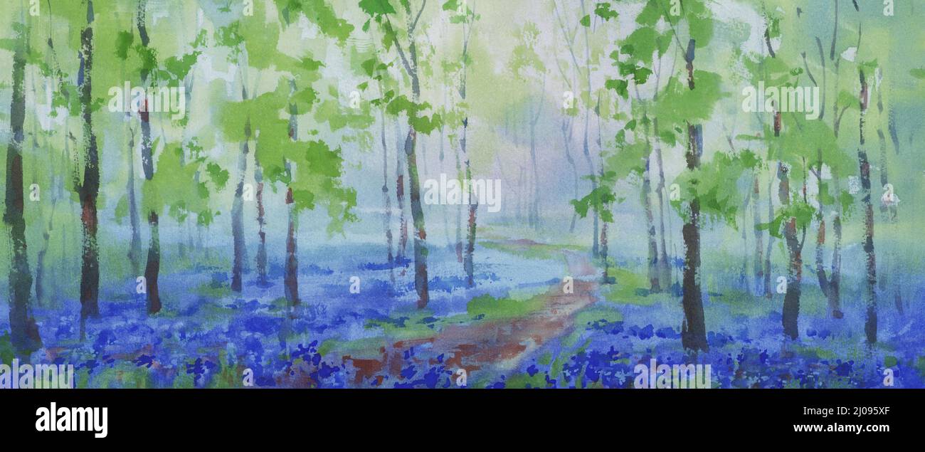 Blue flowers in the misty forest watercolor landscape Stock Photo - Alamy