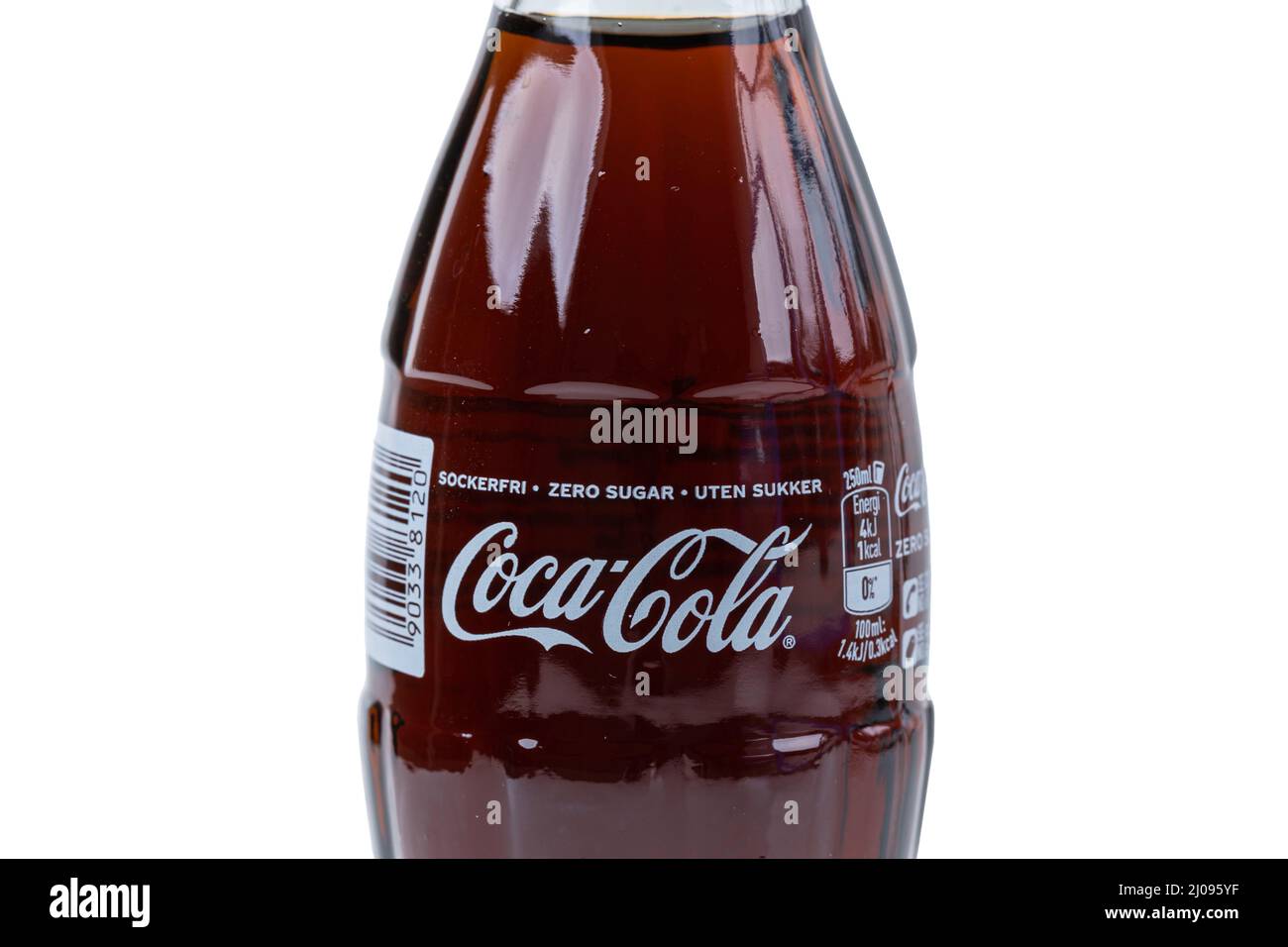 Close up view of Coca Cola bottle isolated on white background. Sweden ...