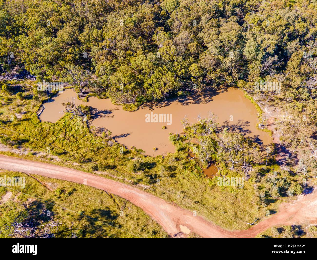 Aerial view of green countryside with trees and dams in Emmaville ...