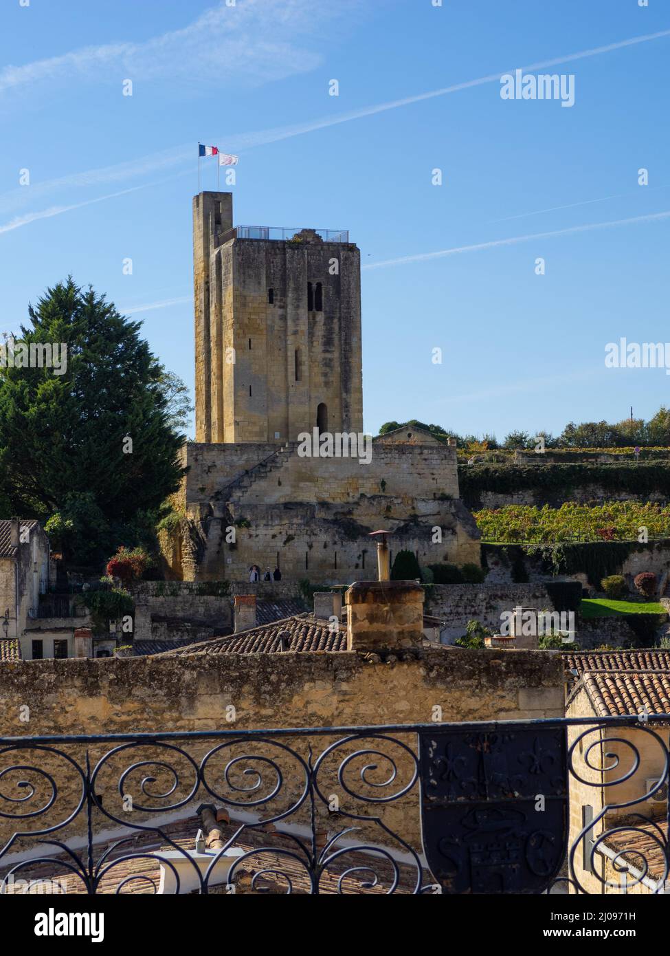 Historic defense tower with the roofs of the village of Saint Emilion ...