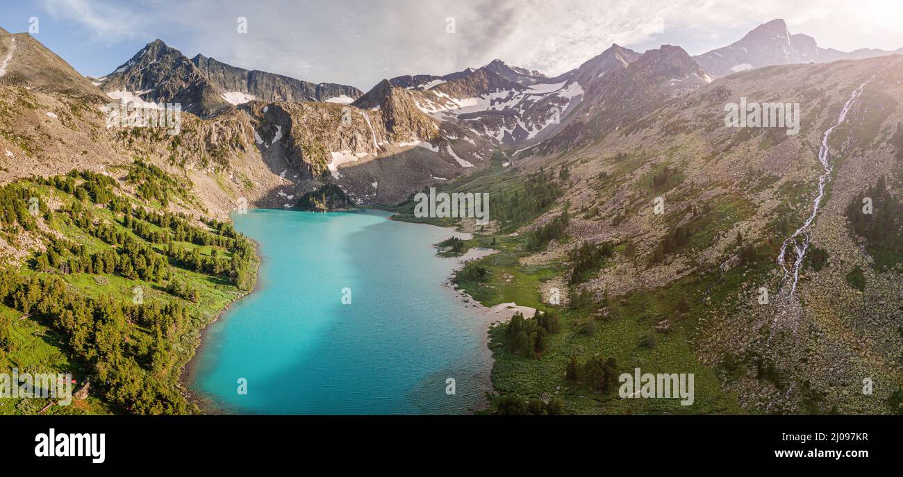 Panoramic aerial view of a natural wonder - turquoise and emerald lake ...
