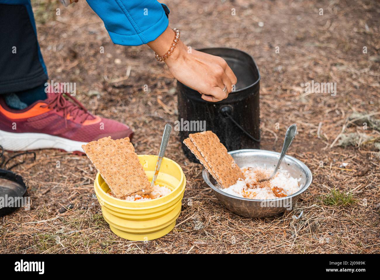 Cooking delicious and healthy food on a hike or camping Stock Photo - Alamy