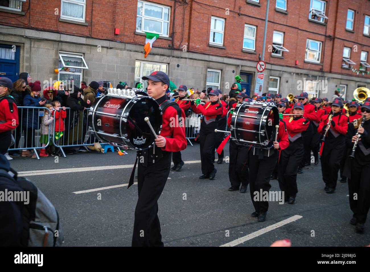 Saint Patrick parade on the streets of Dublin on a sunny day full of ...