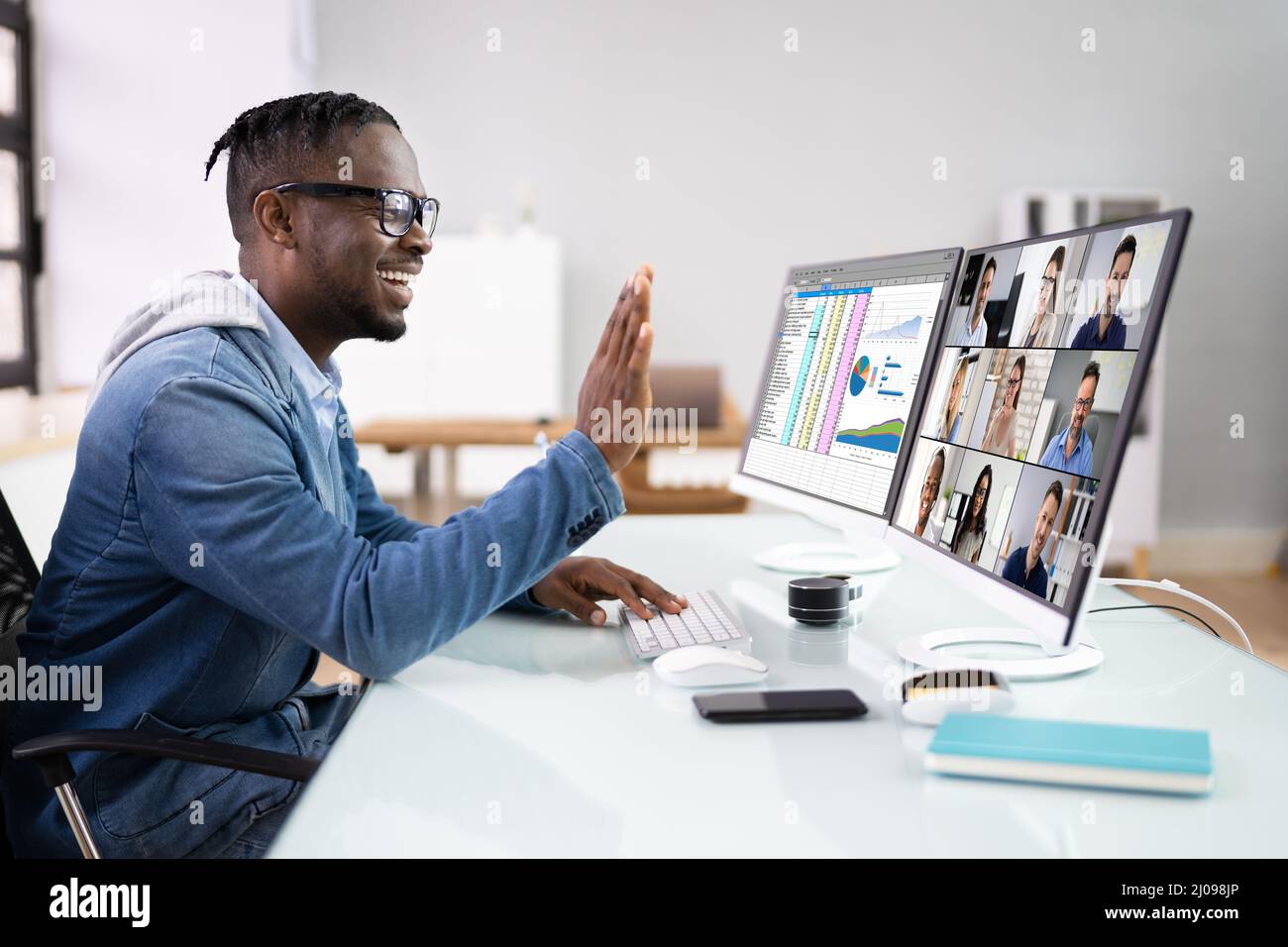 Online Video Conferencing Call Waving Hand Group Chat Screen Stock ...