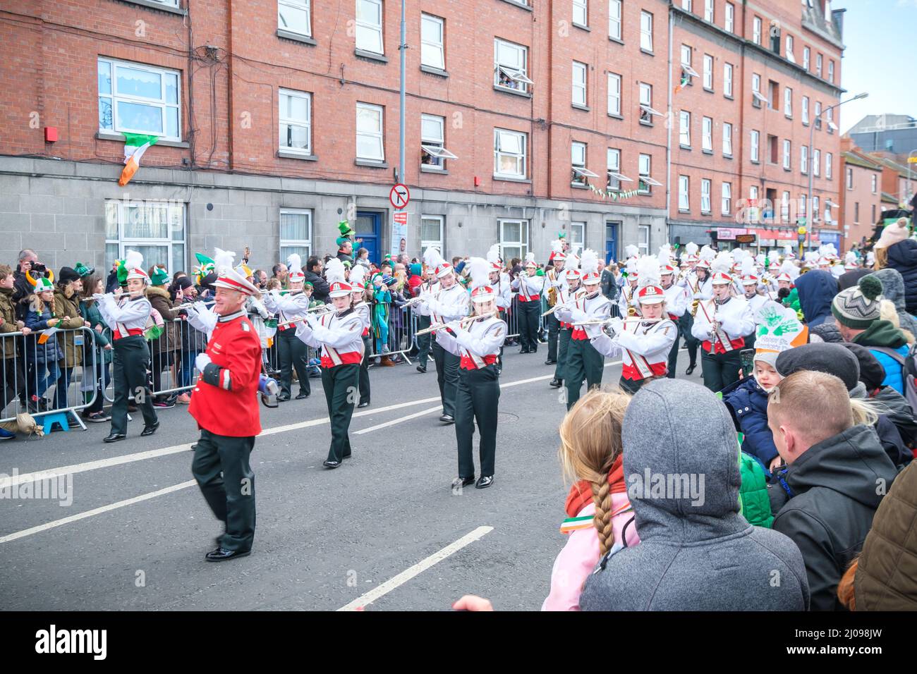 Saint Patrick parade on the streets of Dublin on a sunny day full of ...