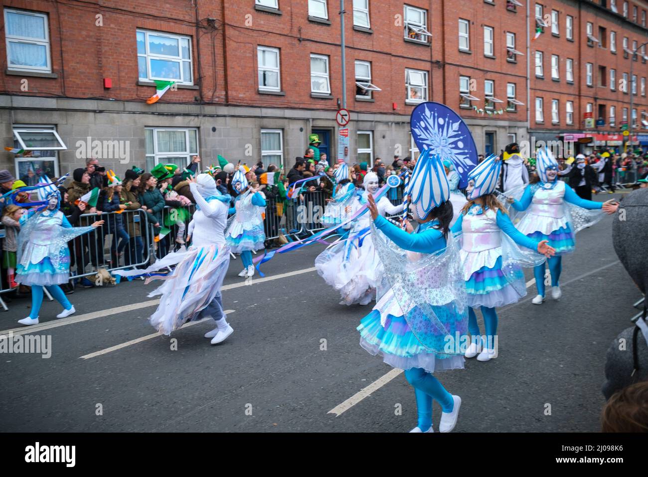 Saint Patrick parade on the streets of Dublin on a sunny day full of ...