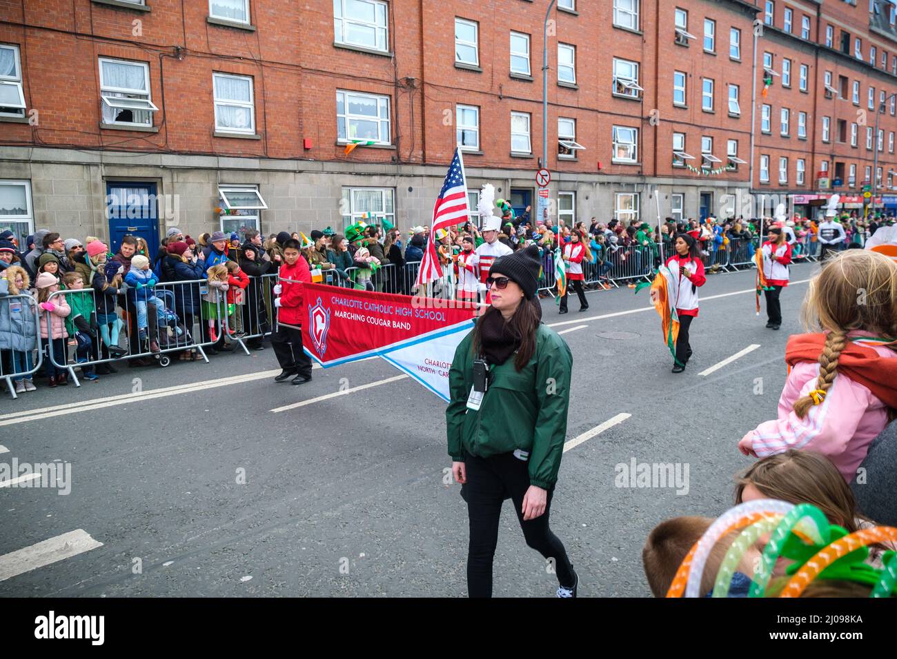 Saint Patrick parade on the streets of Dublin on a sunny day full of ...