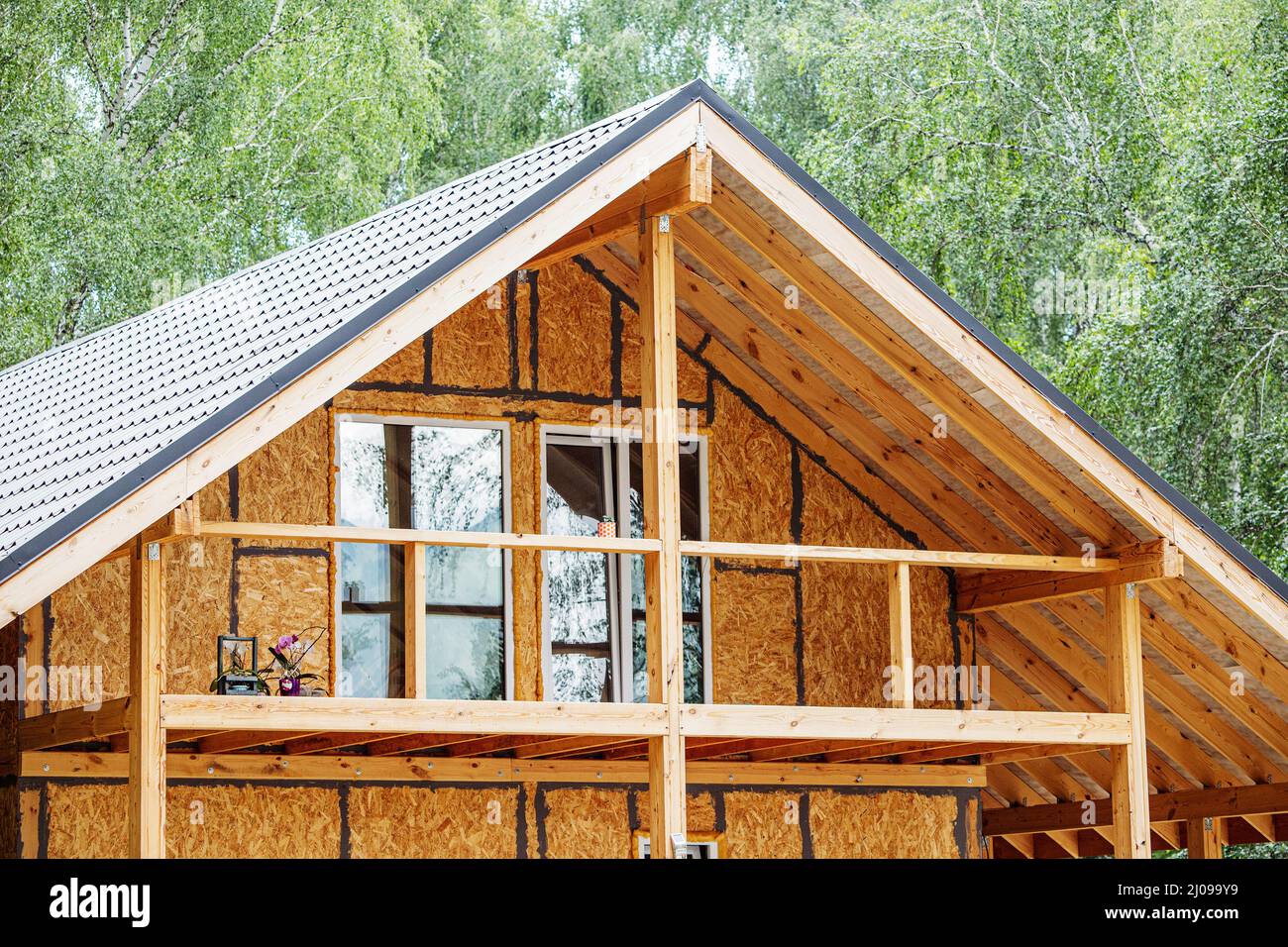 Construction of a cottage or chalet of a wooden house in nature Stock ...